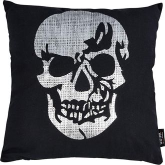 Done Kissen Stone mit Glanzdruck in Silber Totenkopf 65x65cm Silikonfasern Langlebig Formstabil 100% Baumwolle Reisverschluss