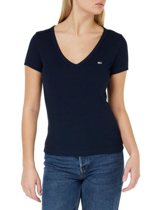 Tommy Jeans Damen T-Shirt Kurzarm Slim V-Ausschnitt, Blau (Dark Night Navy), XXS