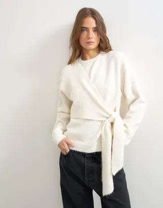 Topshop pull en maille avec lien &agrave; nouer devant en laine et alpaga ivoire-Blanc