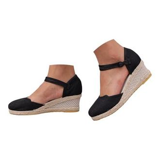 Generic Sandales &agrave; bout ferm&eacute; pour femme, espadrilles &agrave; talon bas compens&eacute; avec sangle de cheville, sandales habill&eacute;es d&eacute;contract&eacute;es d&eacute;t&eacute; confortables, Noir, 