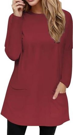 Generic Tunique en coton grande taille pour femme - Haut basique &agrave; manches longues pour femme - Chemisier &agrave; poche avant fusel&eacute;e - Chemise l&eacute;g&egrave;re &agrave; ourlet ampl