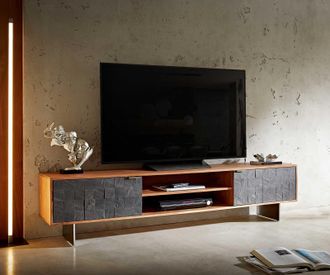 DELIFE Lowboard Teele 200 cm Akazie Natur Schiefer 2 Türen Fuß schwebend Edelstahl, Lowboards