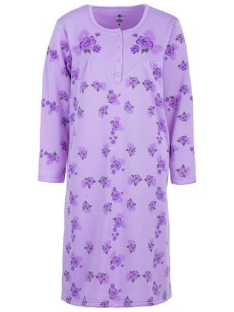 Zeitlos Lucky Thermo Nachthemd Damen Langarm Rosen Design Knopfleiste M-2XL Baumwollmix, Farbe:Flieder, Größe:XXL