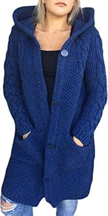 TOMWELL Gilet Long Femme en Tricot Cardigan Manches Longues Couleur Unie Casual Grosse Maille Pull Outwear Mode Ouvert Chandail Sweater A Bleu XL
