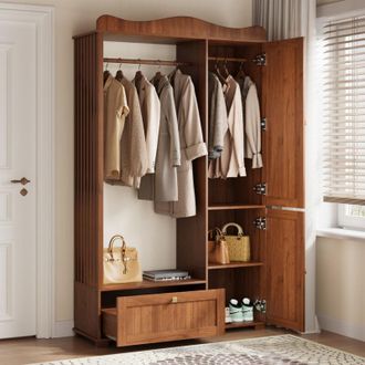 STILVORA Armoire Ouverte avec Miroir Plein Pied, 2 Portes, 1 Tiroir, Tringle, Style Moderne, en MDF, Noyer, 115,5&times;38,5&times;194,5 cm