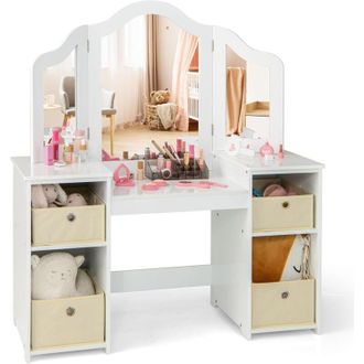 Costway 2 en 1 Coiffeuse Enfants avec Miroir Amovible &agrave; Trois Volets, Table de Maquillage Princesse avec 4 Compartiments et 4 Bacs de Stockage en