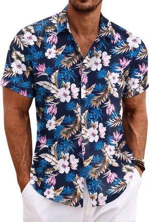 Coofandy Herren Sommerhemd Kurzarm Leinen Blumen Hemd Floral Hawaiihemd Button Down Hawaii Shirt Blaue Flower XXL