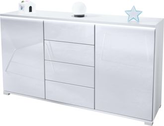 Vladon Sideboard Faro V1 - Kommode mit 2 T&uuml;ren & 4 Schubladen, Schrank mit LED Lichtleiste, Wei&szlig; matt/Wei&szlig; Hochglanz (138,5 x 75,5 x 35)