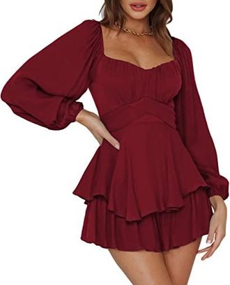 Pink Queen Combinaison bohème pour femme - Lanterne - Manches longues - Volants - Noeud papillon, Rubis, M