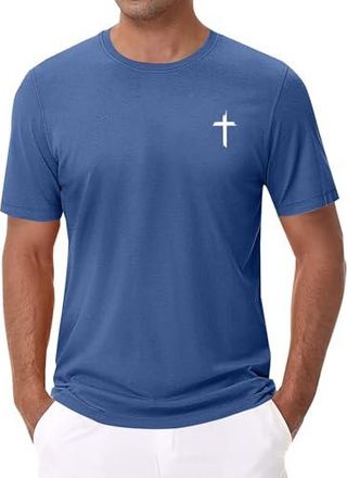 Generic Chemise décontractée élégante classique à col rond imprimé croix chrétienne à manches courtes pour le sport, le fitness, lentraînement musculaire, ble