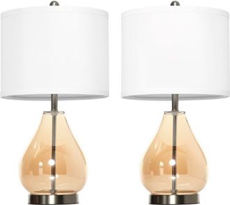 HOMCOM 2-Set Tischlampen Tischleuchten E27-Fassung Nachttischlampe 40 w Glas Leinen Metall Bernstein &Oslash;30 x 56H cm - Homcom