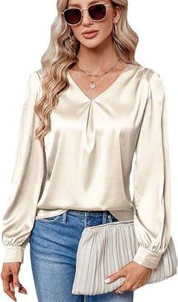 Generic HUIFUAO Blouse Femme Blanc Satin Blouse Shirt Haut Grande Taille Basique D&eacute;contract&eacute; Affaires Tunique Tops (Z02-Beige, XL) Top Femme Soldes