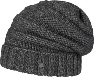 Lierys Bonnet en Tricot Long Beanie Femme/Homme - Made in Germany Laine &agrave; Revers avec Revers, Oversize, Oversize Hiver Automne-Hiver - Taille Unique Gris