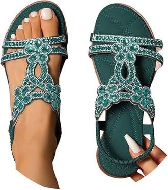 Generic Sandales plates &agrave; strass pour femme 2026, largeur large, boh&egrave;me, &eacute;tincelant, antid&eacute;rapantes, d&eacute;contract&eacute;es, chaussures de plage d&eacute;t&eacute;, sangle &eacute;lastique