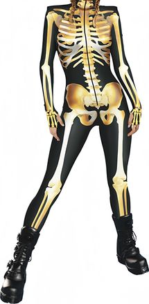 Ocean Plus Damen Halloween Skelett Digitaldruck Overall Schmal Geschnittene Lang&auml;rmlige Einteilige Strumpfhose Jumpsuit (XL, Gelbes Skelett)