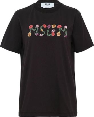 Msgm T-Shirt mit kurzen &Auml;rmeln und floralem Logo-Print auf der Vorderseite - - Tops - Damen - Schwarzk - S