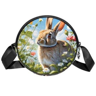 Generic Petit sac &agrave; bandouli&egrave;re circulaire pour femme, motif floral, lapin, sac &agrave; dos &agrave; bandouli&egrave;re avec fermeture &eacute;clair, bretelles r&eacute;glables, sac &agrave; main ron