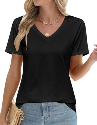 Zeagoo Été T-Shirts pour Femmes à Col en V pour Femmes T-Shirt Basique à Manches Courtes Top Plissé Élégant Couleur Unie T-Shirts Amples Tuniques Décontracté