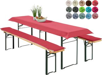 Heimtexland Bierzeltgarnitur Auflagen Set 3-teilig Tischdecke Bierbankauflage Polster Kissen Biergarnitur Typ698 Rot für Tischmaß 50x220 cm