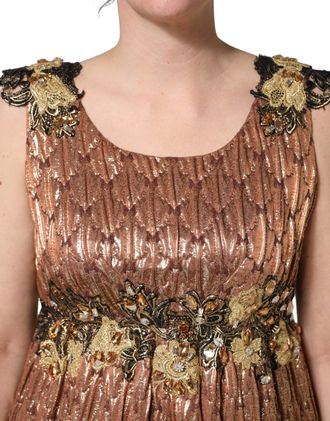 Dolce & Gabbana Womens Metallic Crystal Embellished Evening Gown Brown Silk Wool Polyester