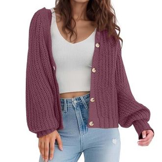 Generic Pull &eacute;pais ouvert sur le devant &agrave; manches longues en tricot boutonn&eacute; pour femme, violet, 3XL
