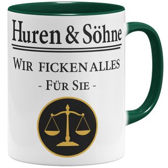 OM3 Anwalt Kaffee-Tasse mit Spruch - Huren & S&ouml;hne - Lustige Jura Spruch f&uuml;r Studenten & Juristen - Keramik Becher - 325ml - Beidseitig Bedruckt - Gr&uuml;n