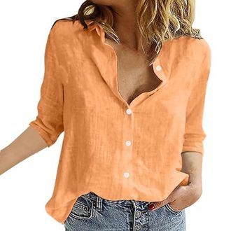 Generic Chemises d&eacute;t&eacute; en coton et lin &agrave; manches 3/4 boutonn&eacute;es pour femme - Tunique d&eacute;contract&eacute;e et ample - V&ecirc;tements tendance 2026, Orange, XXL