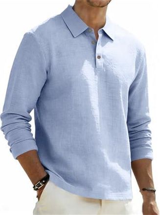 Generic DENGJIAMY - Polo en lin pour homme, d&eacute;contract&eacute;, vacances, golf, t-shirt tendance, col en V, manches longues, col classique, haut d&eacute;t&eacute; pour la plage, 