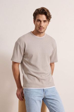 Trendyol MAN Herren Beige Einfarbig Kurz Oversize T-Shirts