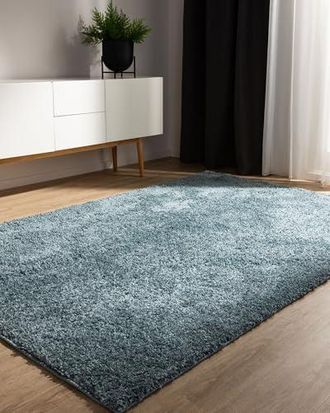 benuta Basic Tapis Poil Long Sohari - Bleu 60x120 cm - Lavable - Minimaliste - Doux - pour Chambre, Couloir, Salle &agrave; Manger - Compatible avec Chauffage au So