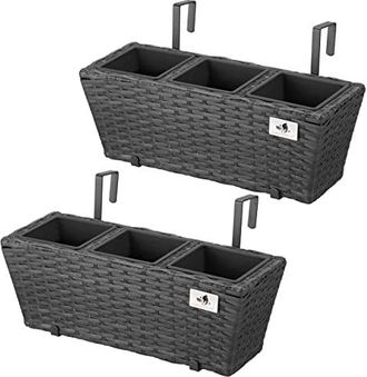 Gartenfreude Polyrattan Balkonkasten Blumenkasten 2 Stück inkl. Aufhängung, 47 x 17 x 15 cm, mit 3er Kunststoffeinsatz, anthrazit