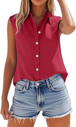 Generic Débardeur en coton et lin sans manches avec col en V et col en V pour femme, bordeaux, L