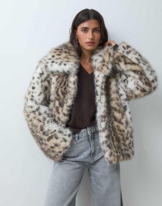 Asos veste courte &agrave; col en faux-fur imprim&eacute; l&eacute;opard-Marron
