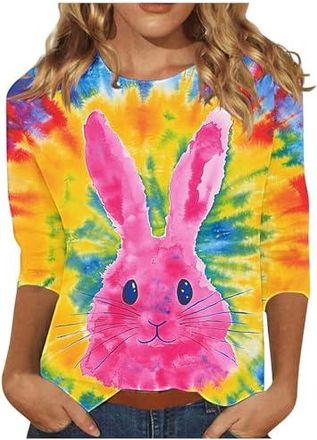 Generic Chemises de P&acirc;ques pour femmes - T-shirts graphiques amusants &agrave; manches 3/4 pour le printemps et l&eacute;t&eacute; - T-shirts Happy Easter, rose, XL