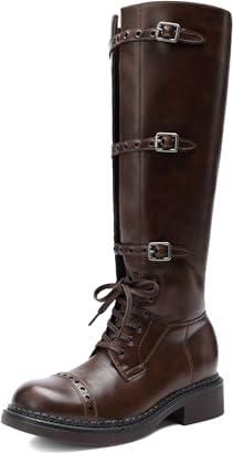 Dream Pairs Bottes Hautes Femme Style Motard, Bout Carré, Fermeture Éclair Latérale et Boucles Réglables au Mollet, Confortables et Élégantes,Size 40.5,Marron Fon