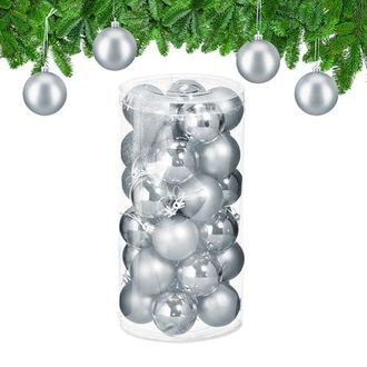 Relaxdays Weihnachtskugeln im 30er Set, Kunststoff, D: 6 cm, runde Weihnachtsbaumdeko, Baumschmuck bruchsicher, Silber