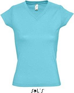 SOLS SolS Moon - Tee-Shirt Femme - Col V - Coupe cintrée - 100% Coton - Bleu Atoll - L