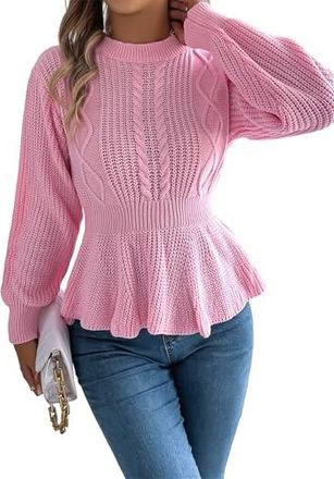 Generic Pull oversize en tricot torsad&eacute; &agrave; col rond pour femme - Couleur unie - Tricot fin - Serrage &agrave; la taille - Pull &agrave; manches longues et volants, rose, XL