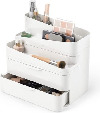 Umbra Glam Kosmetik Organizer, Modulare Aufbewahrungsbox mit 3 Schubladen und entnehmbaren Trennwänden, Weiss