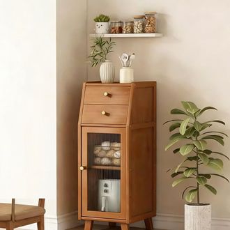 Generic Sideboard in Massivholzoptik mit halbtransparenten Glast&uuml;ren Offene Regalb&ouml;den + Schubladen Stauraum for das Esszimmer, Teeschrank und Wohnzimmer(Tea 