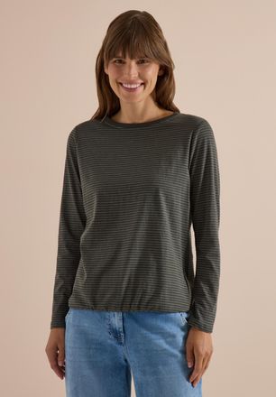 Cecil Langarmshirt CECIL, Damen, Gr. XXL (46), grau (raw khaki), Web, 80% Baumwolle, 20% Polyester, gestreift, comfort fit normal, U-Boot-Ausschnitt, abgest