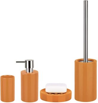 Spirella Badezimmer Set, 4-teiliges Badzubehör aus Porzellan Tube Seifenspender, Seifenschale, WC Bürste und Zahnputzbecher Orange