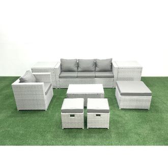 Fimous Fimous 8 St&uuml;cke Rattan Gartenm&ouml;bel Set Garten Sofa Stuhl Couchtisch Set mit 2 Beistelltischen 3 Hockern Hellgrau gemischt