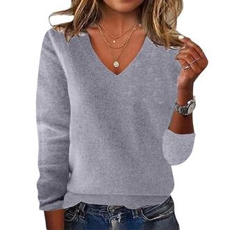 Generic Pull confortable en cachemire pour femme, col en V, automne 2025, d&eacute;contract&eacute;, classique, doux, basique, pull l&eacute;ger et chaud, gris, M