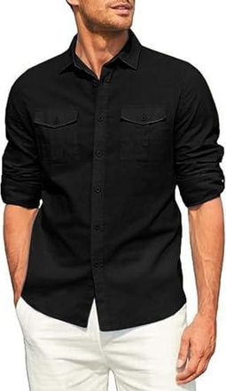 Generic DENGJIAMY Chemise en lin à manches longues pour homme - Pour lété, la plage, les vacances - Chemise boutonnée - Pour lextérieur - Tendance - Uni - Vêt