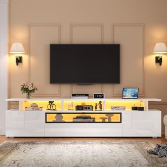 Generic TV Schrank Weiss mit mit led licht System strukturierter stauraum mit schublade und faechern modernes lowboard stehend mit klarer linienfuehrung funkt