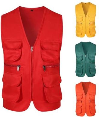 Generic Gilet de pêche pour homme - Utilitaire, travail, safari, voyage - Avec poches multiples - Pour lété et lextérieur, Gilets de pêche orange pour hommes,