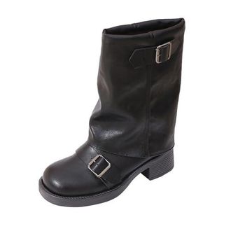 Generic Bottes mi-mollet larges pour femme - Bout rond - &Eacute;l&eacute;gantes - Talon &eacute;pais - Boucle - Confortables - &Agrave; enfiler - Pour la marche en plein air - Style d&eacute;c