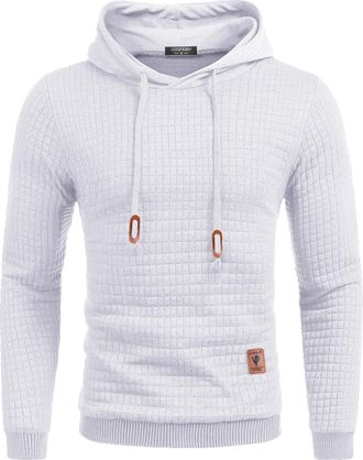 Coofandy Herren Kapuzenpullover Hipster Gym Langarm Arbeitspullover Kordelzug Karierten Jacquard Pullover Hoodies Wei&szlig; XL
