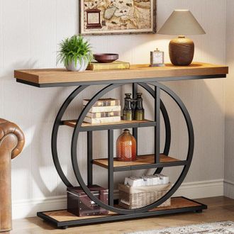 Tribesigns Tribesigns - Table console industrielle &agrave; 4 niveaux avec base circulaire, tables dappoint &eacute;troites en bois avec &eacute;tag&egrave;res de rangement pour salon